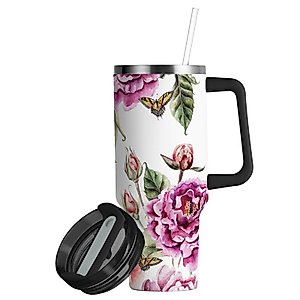 Yasala Car Tumbler with Handle Peony Butterfly Watercolor Travel Mug Coffee Cup Insulated Beverage Container Mega Cup for Hot Cold Drinking Thermos Water Bottle Cupholder Friendly 40 oz