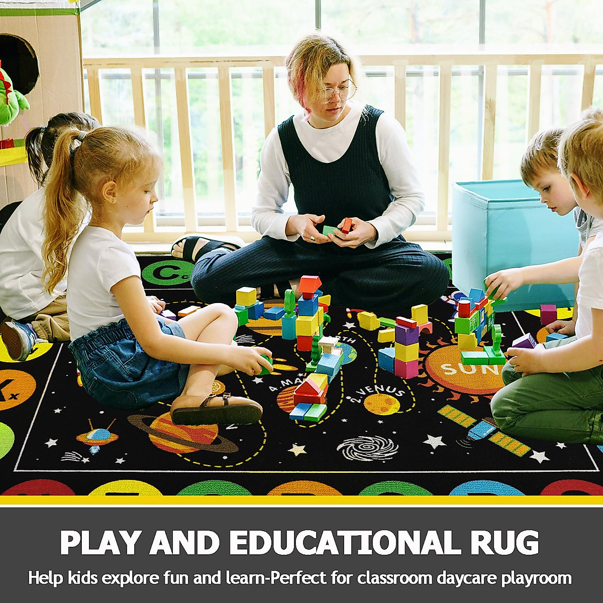 Capslpad Black Outer Space Kids Play Rug ABC Alphabet Kids Play Mat for Toddlers Non Slip Solar System Star Planets Nursery Rug for Baby Girl Boy Kids Carpet for Bedroom Playroom Nursery Decor,5'x6.6'