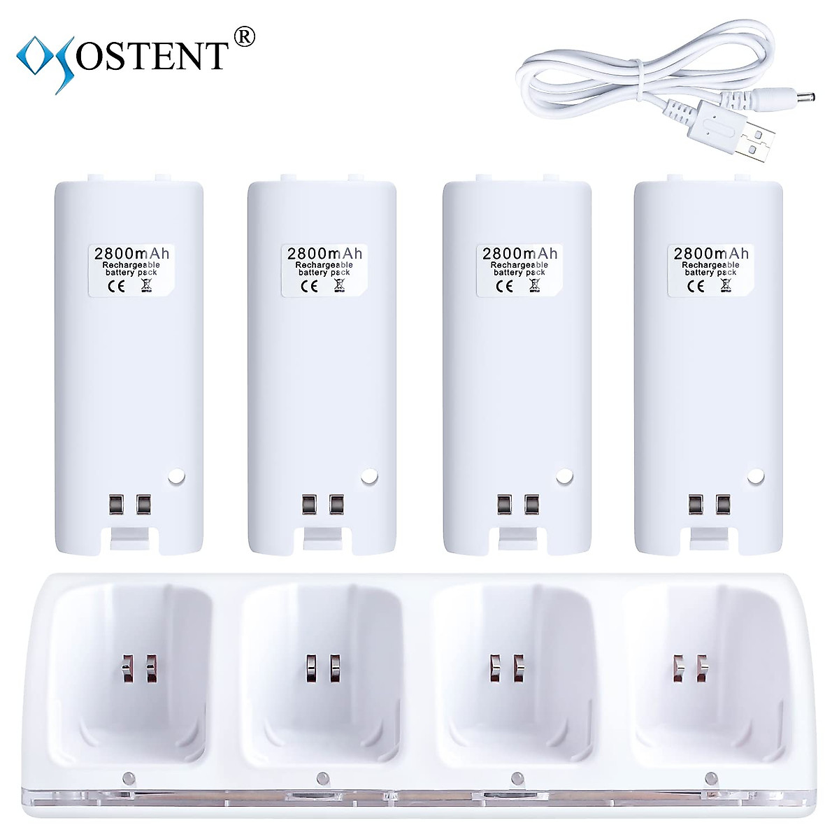 OSTENT Charger Dock Station + 4 Battery Packs for Nintendo Wii Remote Controller Color White