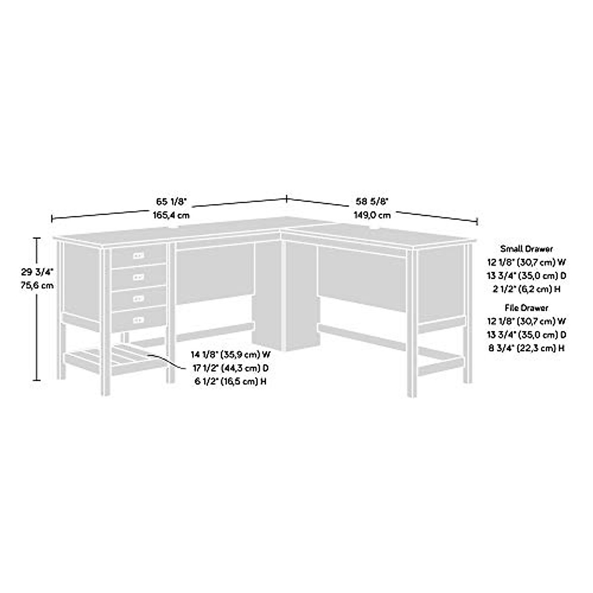 Sauder Cottage Road L-Desk, L: 65.11" x W: 58.66" x H: 29.76", Soft White Finish