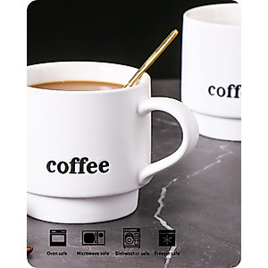 Lareina Porcelain Stackable Coffee Mug Set With Rack and Spoons, 15 Ounce Cappuccino Cup Set of 4 for Specialty Coffee Drinks and Tea - White