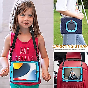 BRAECN for iPad Case 9th/8th/7th Generation,Rugged Kids Friendly Silicon Case with Folding Stand/Handle Grip Pencil Holder Shoulder Strap Screen Protector Pencil Cap Holder for iPad 10.2”-Navy Blue