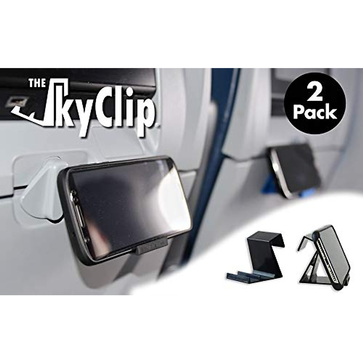 The SkyClip - (Black, 2 Pack Airplane Cell Phone Seat Back Tray Table Clip and Sturdy Phone Stand, Compatible with iPhone, Android, Tablets, and Readers