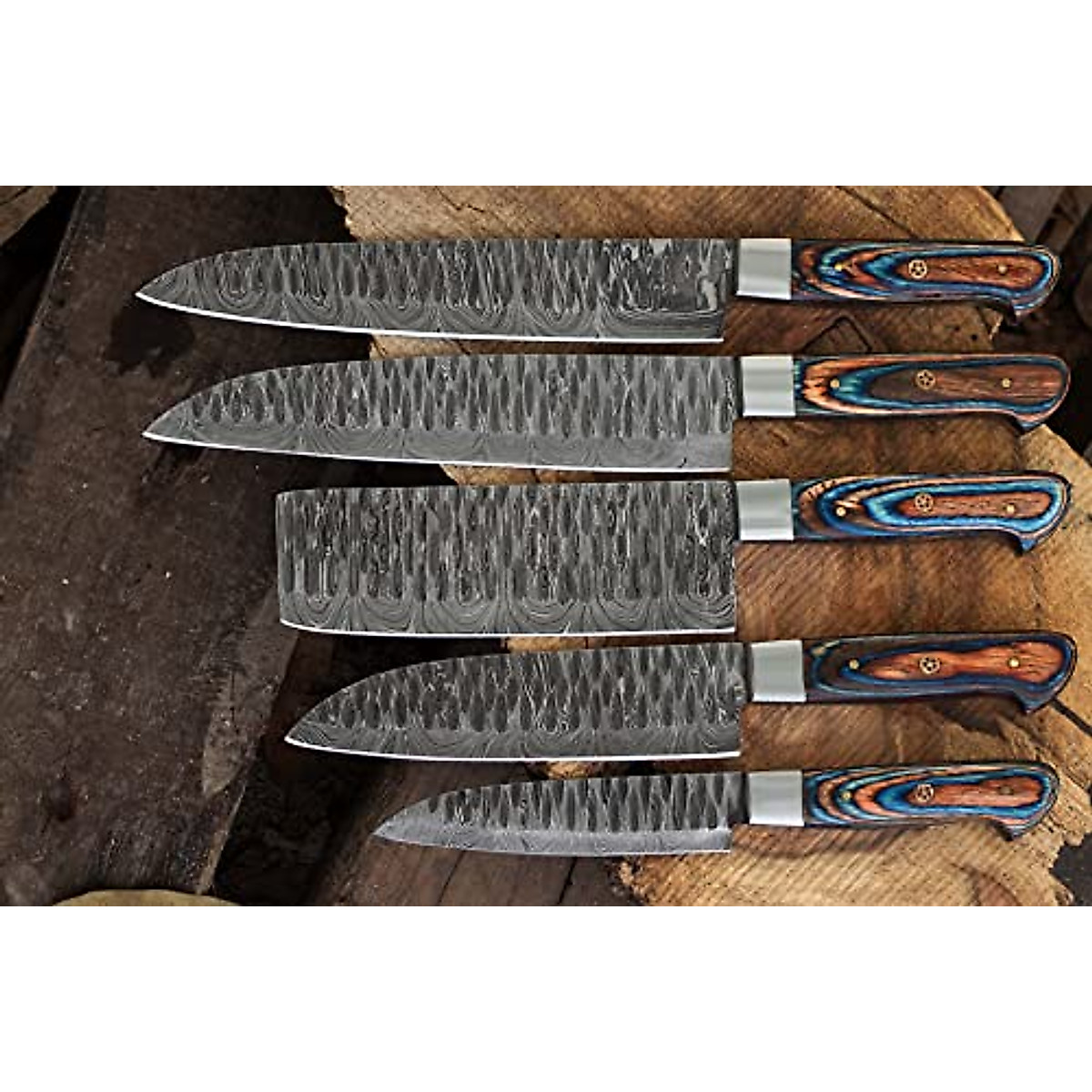 Custom Handmade Damascus Steel 5 pcs Professional Kitchen Chef Knife Set with 5 Pocket Case Chef Knife Roll Bag/Brown & Blue Dollar Sheath
