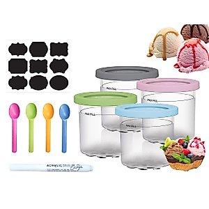 Litex Ninja Creami Pints 4 Pack，Creami Pints and Lids for Ninja，Smoothie Pot Compatible with NC299AMZ & NC300s Series Creamer Ice Cream Maker Machine，Dishwasher Safe, W/ 4X Spoon, 1 Marker and Sticker