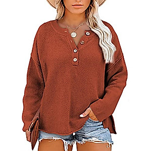 Eytino Womens Plus Size Waffle Knit V Neck Sweater Casual Long Sleeve Side Slit Button Henley Pullover Jumper Top,2X Red
