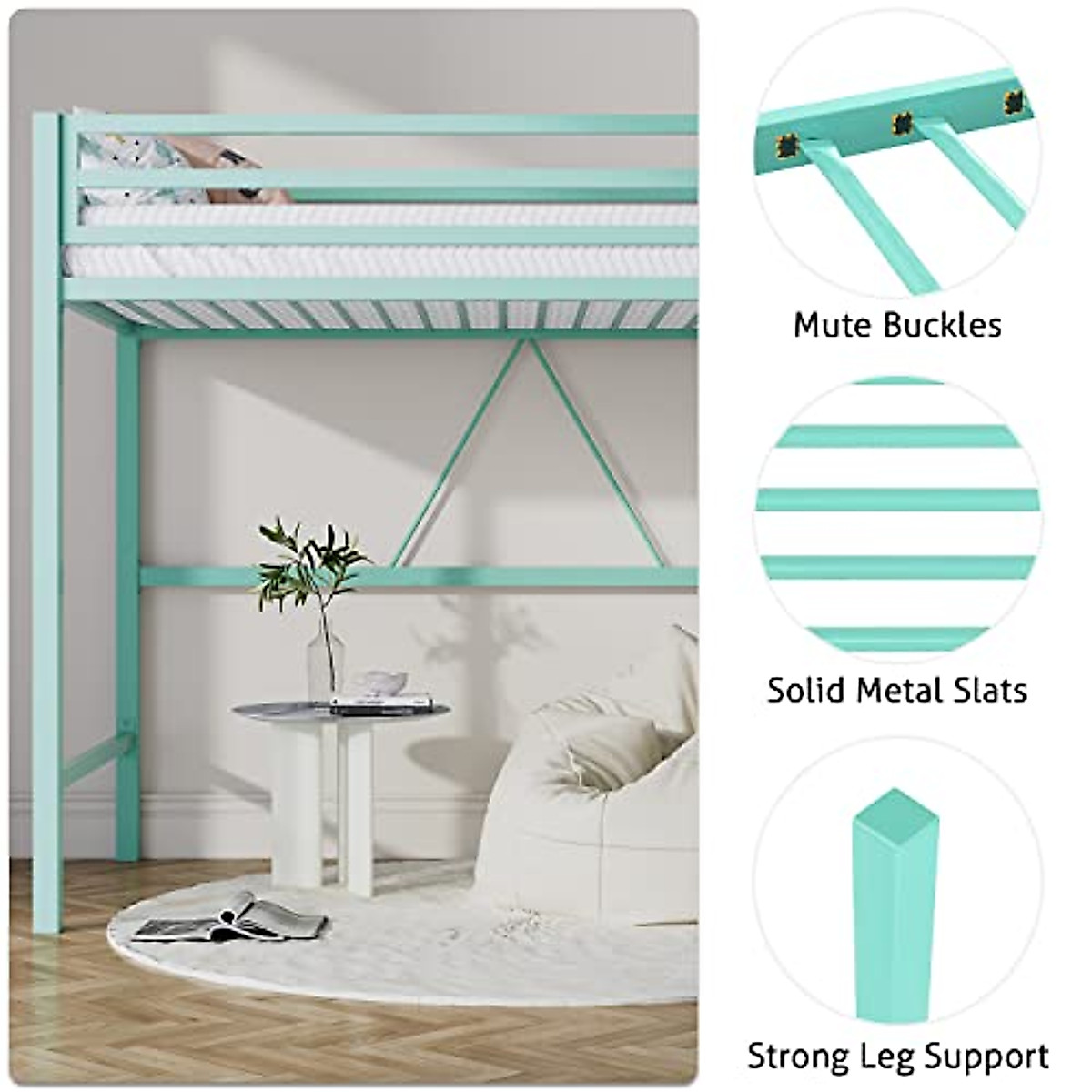 SHA CERLIN Junior Loft Bed Twin Size, Heavy Duty Twin Bed Frame with Full-Length Guardrail & Removable Stairs, Noise Free, Space-Saving, No Box Spring Needed, Aqua Blue