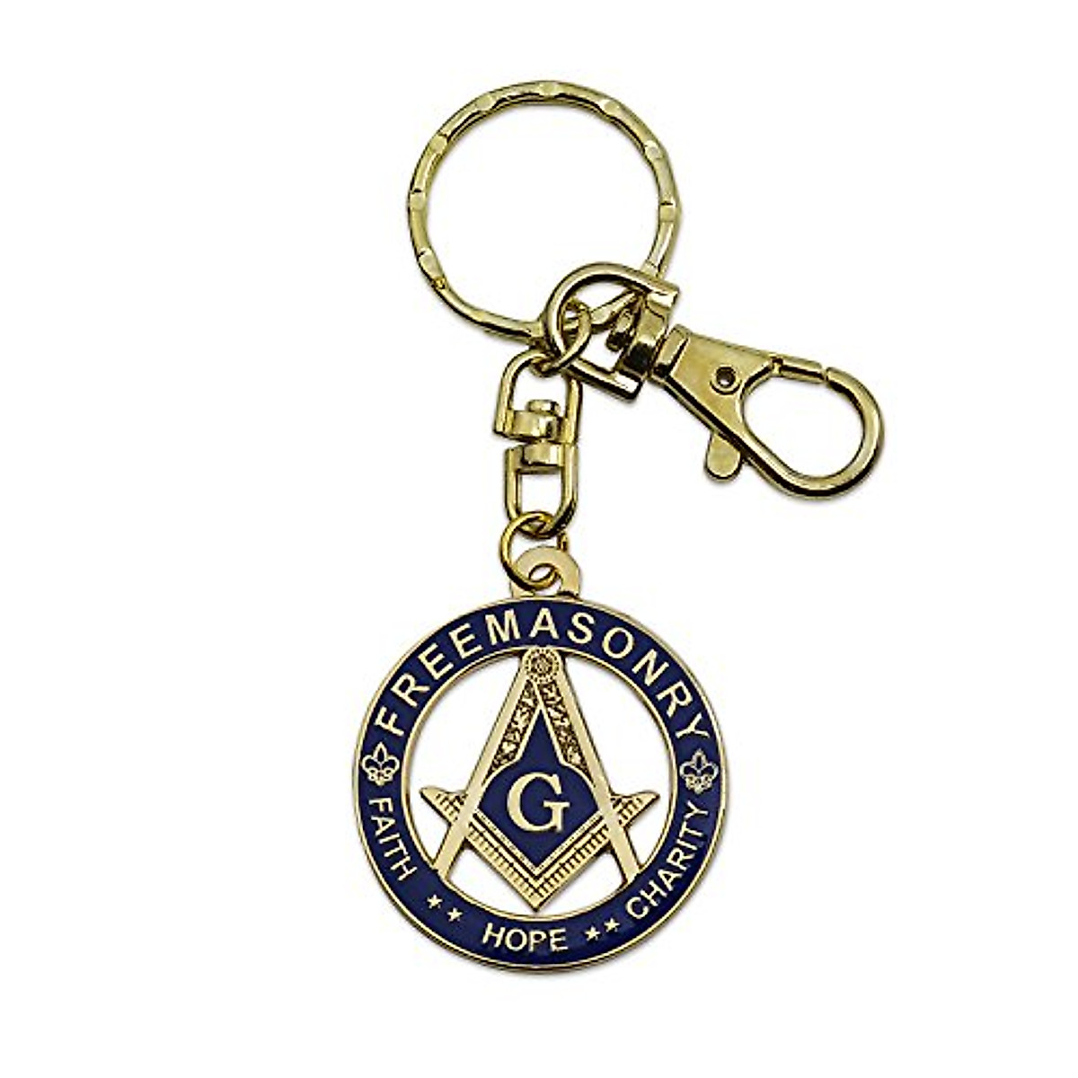 Faith Hope Charity Square & Compass Round Masonic Key Chain - [Blue & Gold][1 1/2'' Diameter]