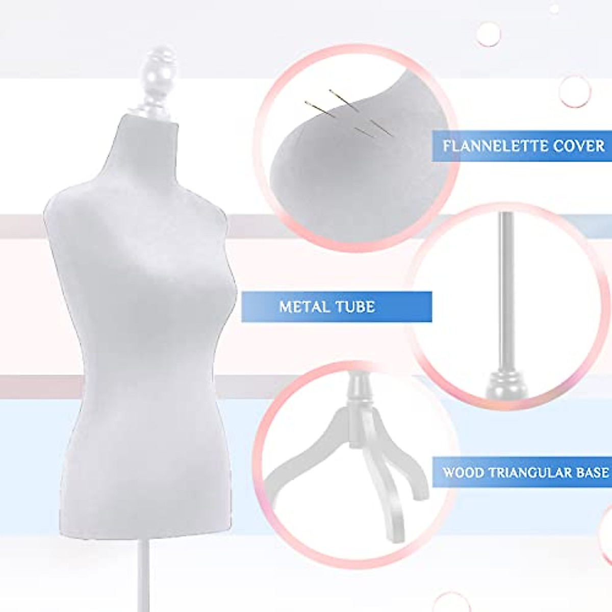 Dress Form Mannequin Torso with Wooden Tripod Stand, 50-63 inch, Adjustable Height for Clothing Display, Sewing, Photographing, Portable Female Body Shape,White