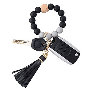 BAOSIWA Women Silicone Keychain Bracelet Beaded Wristlet Key Ring Black Bangle Chains with Leather Tassel
