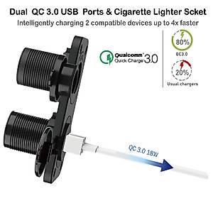 QC 3.0 USB Outlet 12V Boat Marine Waterproof Cigarette Lighter Socket Splitter 12 Volt DC Power Charger Adapter DIY Kit with Blue LED Dual USB Ports for Rocker Switch Panel on Car RV Golf Cart ATV