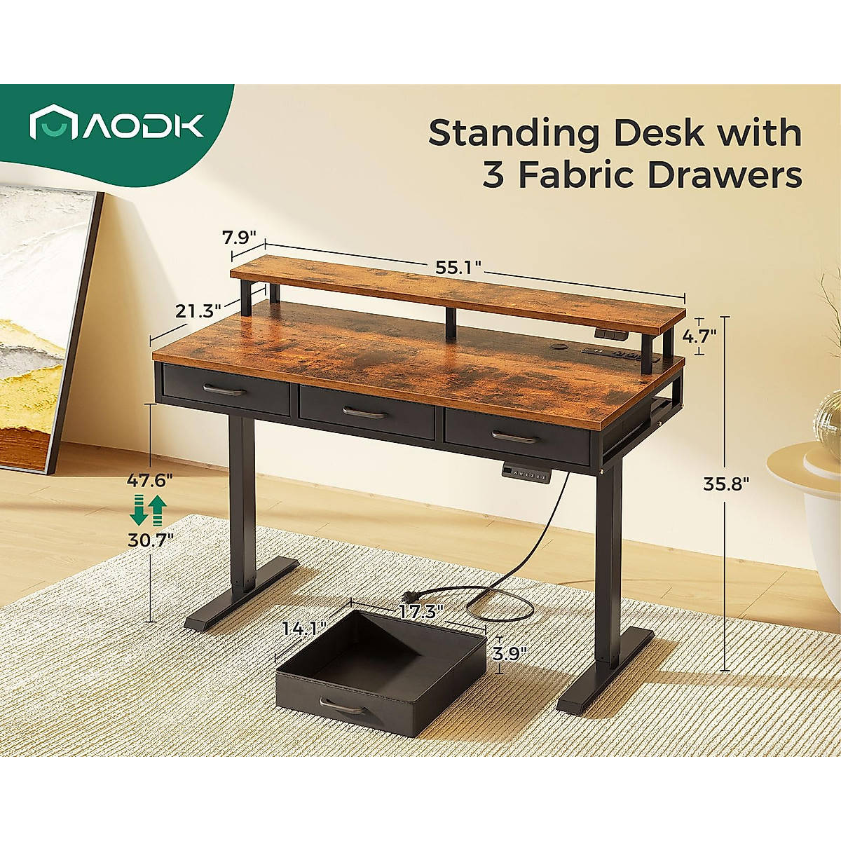 AODK Electric Standing Desk with Drawers, 55 Inch Height Adjustable Gaming Desk with Power Outlets & LED Lights, Sit Stand Table with Monitor Stand for Home, Office, Workstation, Rustic Brown