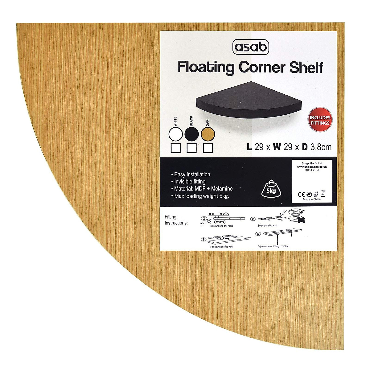 ASAB MDF Floating Corner Shaped Size Wood Wall Shelving Unit-Oak, Standard