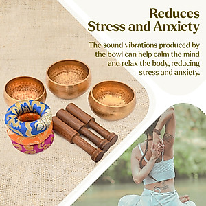 Tibetan Singing Bowl set From 7 Planets, Hand Hammered Design | Meditation Sound Bowl, 7 Chakra bowl, Mallet & Cushion set for Yoga (3 Chakra Set)
