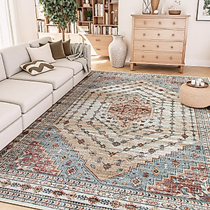 Beeiva Boho Living Room Rugs 8x10, Soft Non Slip Washable Rugs for Bedroom, Ultra Thin Vintage Printed Area Rug, Large Rug for Dining Room Table, Office, Guest Room, Orange/Brick Red