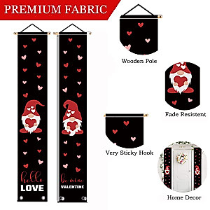 Valentines Day Banners-Valentines Day Door Banner 2 Pcs Hello Love Be Mine Valentine Gnome Heart Door Porch Signs Anniversary Wedding Party Indoor Outside Decor 71 x 12 Inch