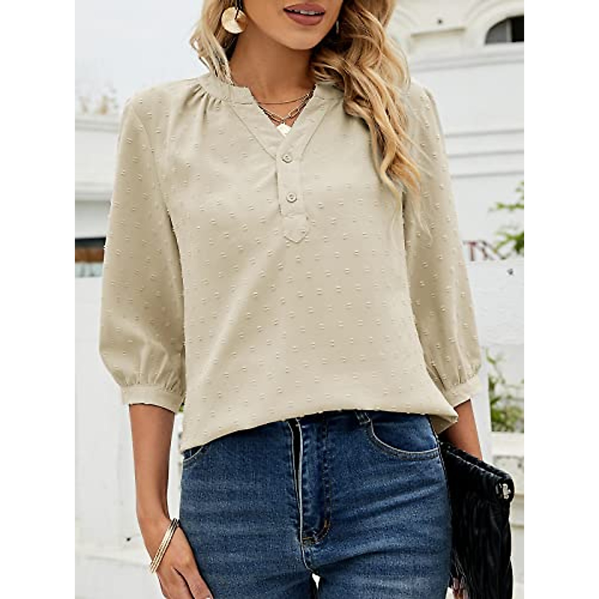 Womens Summer V Neck 3/4 Sleeve Blouses Swiss Dot Tunic Tops Casual Button Shirts Beige