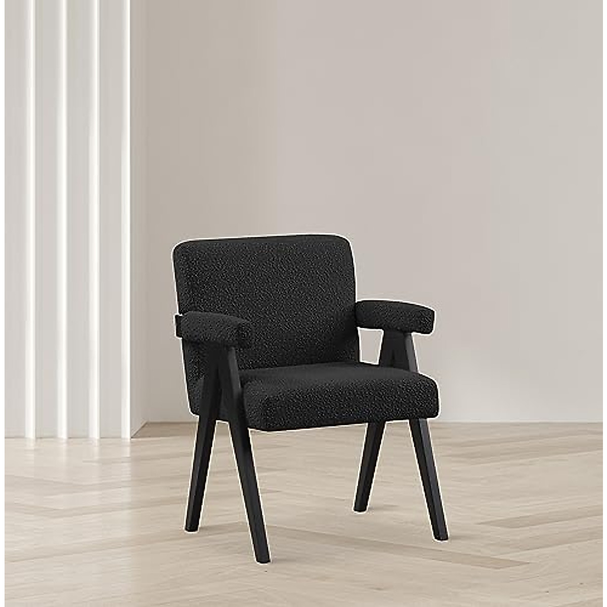 Meridian Furniture 481Black Woodloch Collection Mid-Century Modern Boucle Fabric Upholstered Accent Chair with Rich Black Boucle Fabric, Black Finish Solid Wood, 24.5" W x 23.5" D x 32" H, Black