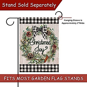 Selmad Christmas Joy Wreath Decorative Burlap Garden Flag, Xmas Buffalo Plaid Check Farmhouse Home Yard Small Outdoor Decor, Winter Pine Cone Outside Decoration Double Sided 12 x 18