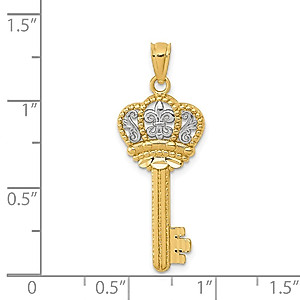 Solid 14k Yellow Gold Two Toned Fleur De Lis Crown Emperor Royal King Queen Key Charm Pendant - 31mm x 12mm