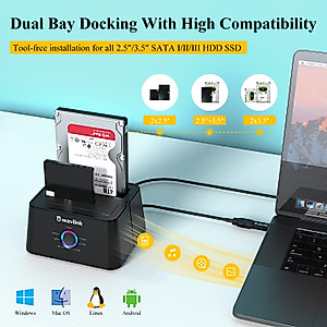 WAVLINK Dual Bay Hard Drive Docking Station, USB 3.0 to SATA Hard Drive Dock for 2.5/3.5 inch HDD/SSD with Offline Clone Function, USB A to USB C Converter, Support UASP and 2x16TB with Power Adapter