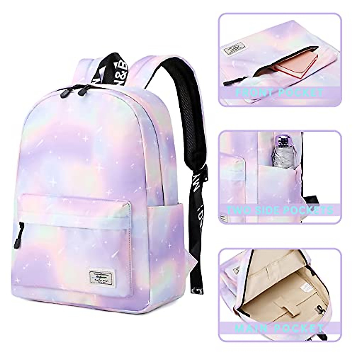 Lohol Galaxy School Backpack with Lunch Box, Lightweight BookBag Set for Girls Kids （Purple&Green）