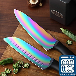 KYA35 14 PCS Rainbow Titanium Coating Cutlery Knives Block Set + Marco Almond MA63 Graters for Kitchen