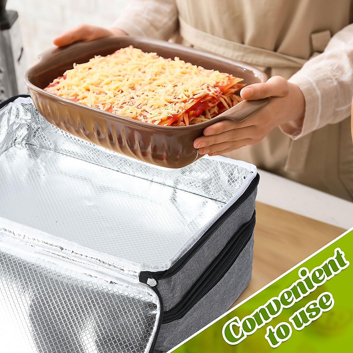 2 Pieces Double Decker Insulated Casserole Carrier Lasagna Holder Tote Food Warmer Bag Expandable Food Transport Containers Fits 9 x 13 Inches Baking Dish for Potluck Parties Picnic Trip Camping, Grey