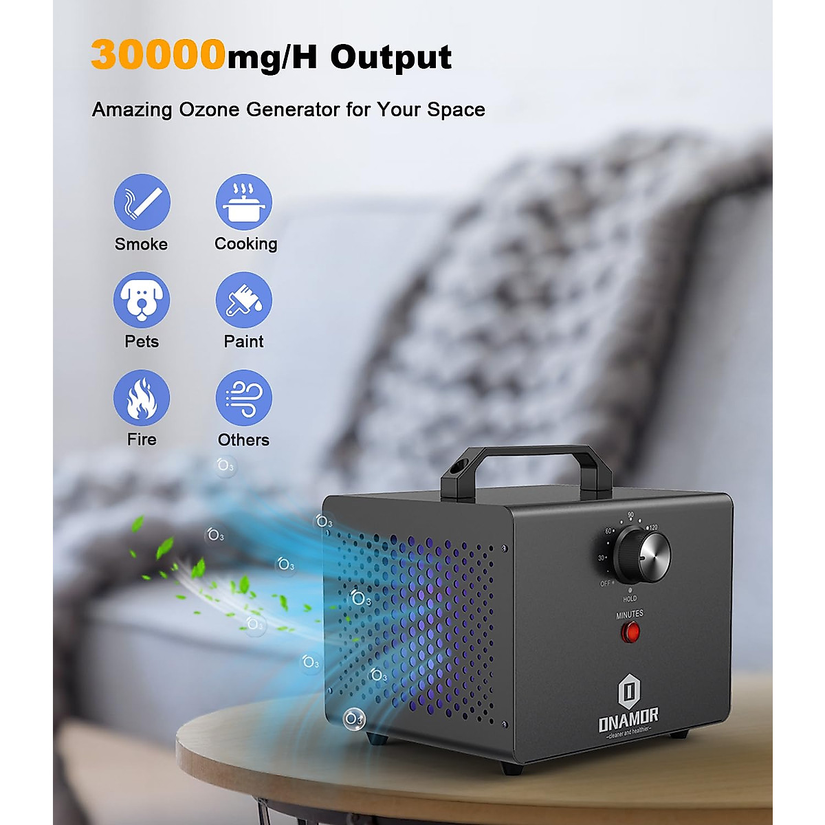 ONAMOR Ozone Generator 30000mg/h, Ozone Machine Ionizer O3 Deodorizer for Home, Basement, Smoke, and Pet Room (Eliminating Odors Area up to 4000 Square Feet, All Metallic Black)