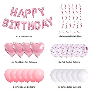 Pink Birthday Decorations for Women Girls, Happy Birthday Balloon Banner Decoration, Pink Party Decorations for 1st 13th 16th 21st 30th 40th 50th 60th 70th Birthday Party Supplies