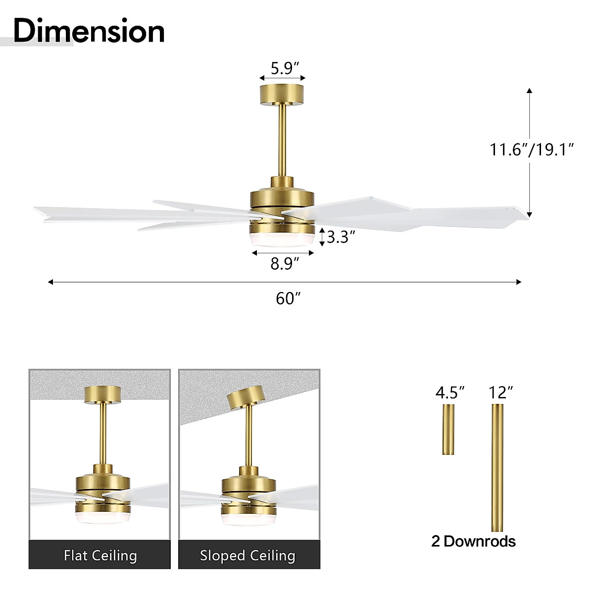 LEDLUX 65" DC Motor Ceiling Fan with Light, 6-Speed Remote Control, Reversible Motor, Modern 9 Blades Ceiling Fan with 4.5"/12" Downrods for Home or Commercial White/Gold