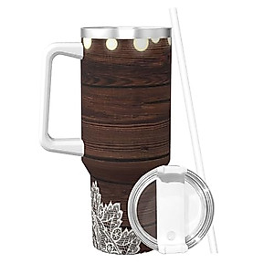 Xiexide 40oz Fits Cup Holder Travel Rustic Western Country Brown Lace Floral Wood Double Walled Vacuum Insulatedith Handle And Straw,Hot & Cold Drinks
