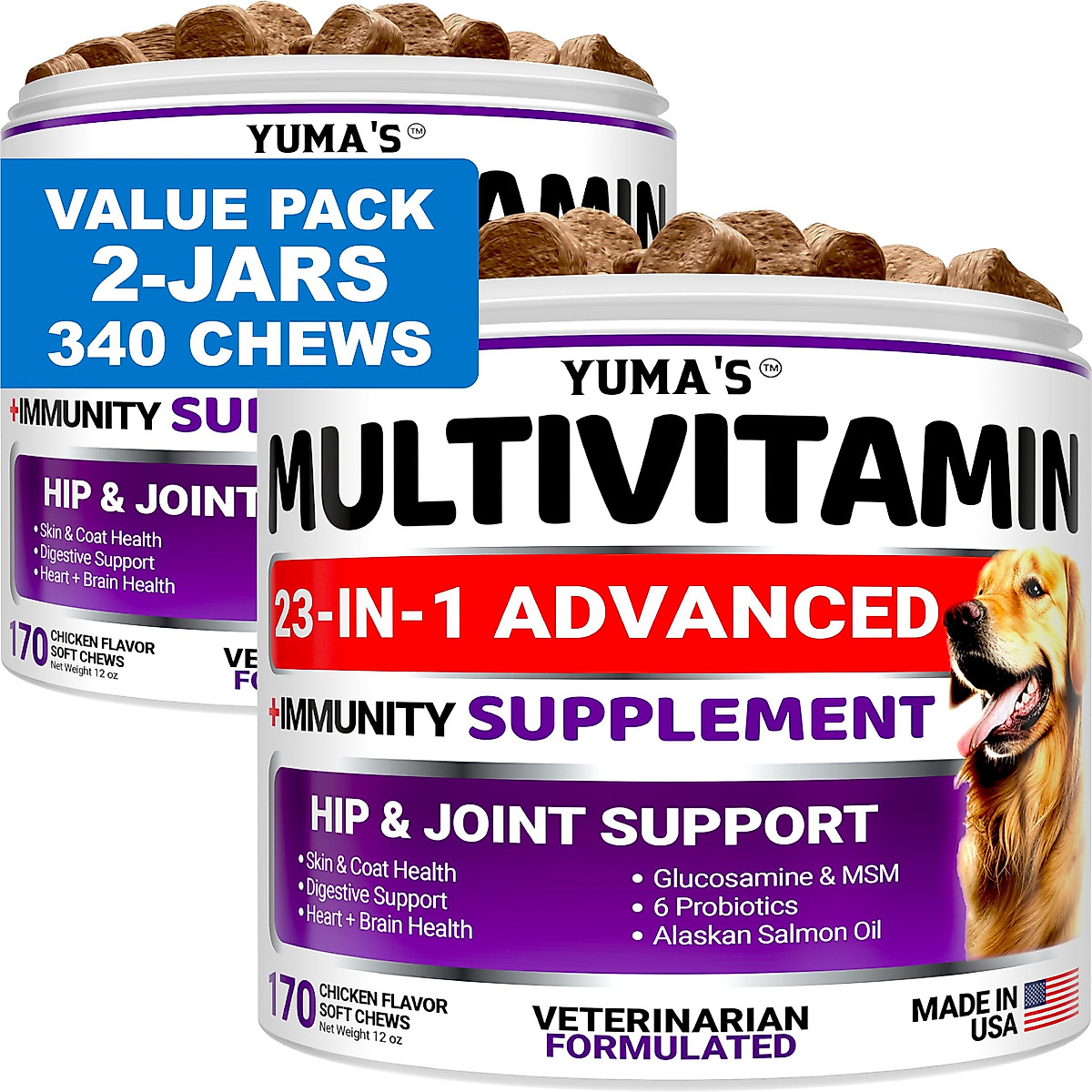 2-Pack Dog Multivitamin Chewable with Glucosamine - Dog Vitamins and Supplements - Senior & Puppy Multivitamin for Dogs - Hip & Joint Support - Immune Health, Skin, Heart, Digestion, Probiotics