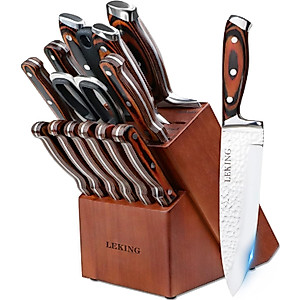 Leking 15-Piece Block Knife Set with Wooden Block, Premium High Carbon Stainless Steel Chef Knife Set with Pakka Wooden Handle, Kitchen Knife Sets with Sharpener, Knives Set, Scissor, 6 Steak Knives