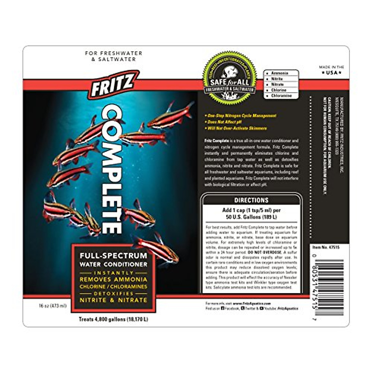 Fritz Aquatics - Fritz Complete Water Conditioner/Dechlorinator for Fresh & Salt Water Aquariums, 16 oz