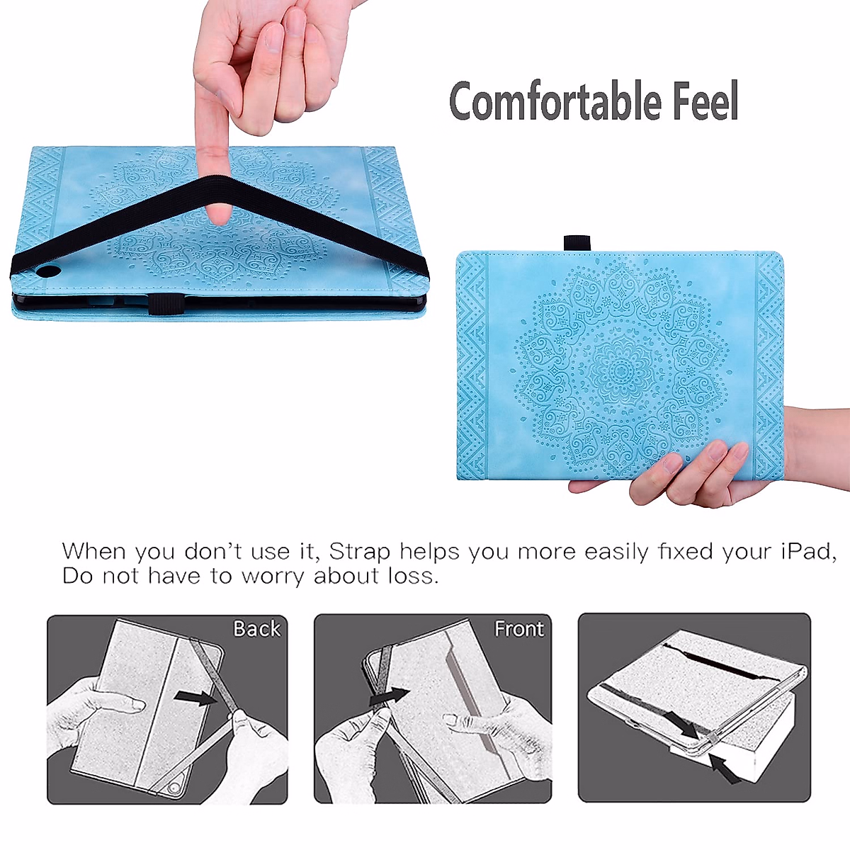 Rosbtib Case Compatible with Samsung Galaxy Tab S9/S8/S7 Cover, Premium PU Leather Folio Cover with Mandala Embossed Design for Galaxy Tab S9/S8/S7 - Blue