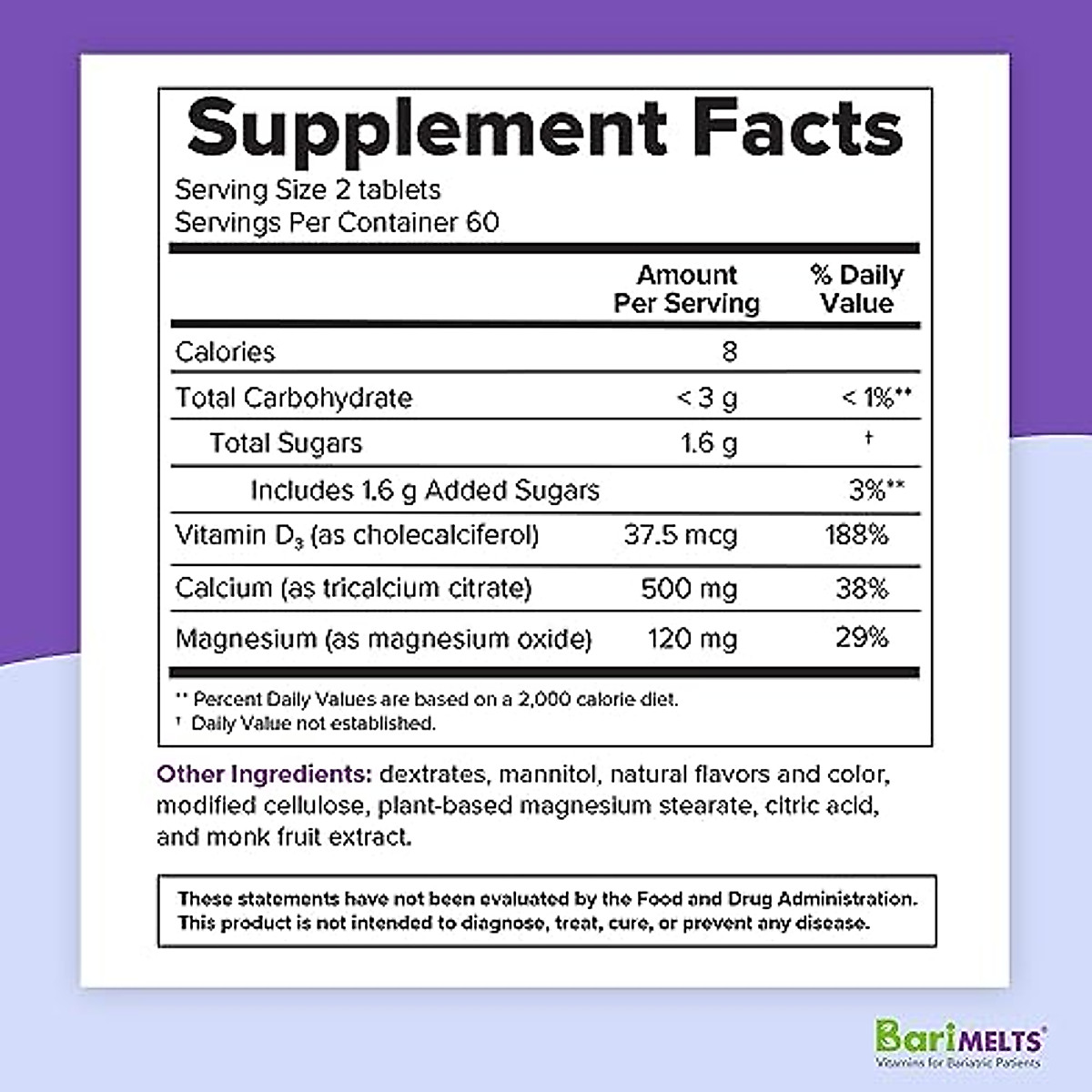 BariMelts Calcium Citrate, Dissolvable Bariatric Vitamins, Natural Berry Flavor, 120 Fast Melting Tablets
