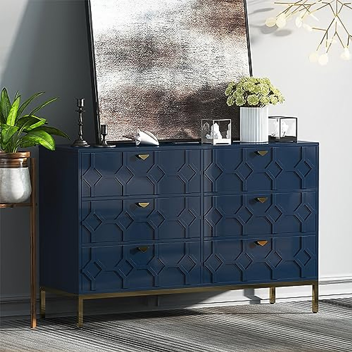 Clihome 6 Drawer Double Dresser, Sideboard with 6 Drawers Modern Chest of Drawers Wood Dresser for Living Room, Home Office, Entryway, Blue