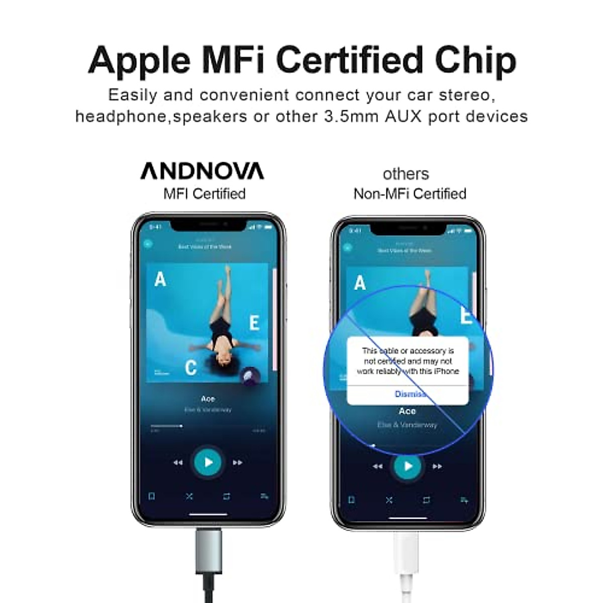 Aux Cord for iPhone, ANDNOVA Lightning to 3.5mm Headphone Jack Audio Cable 4Ft [Apple MFi Certified] for iPhone 13/13 Mini 12/11 Pro/X/XR/XS Max / 8/8 Plus iPad to Car Stereo, PA, Speaker, Headphone