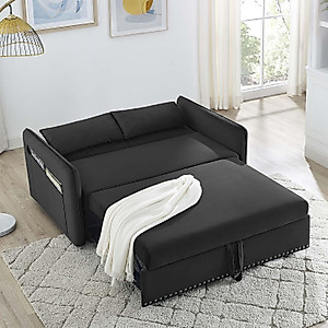 Antetek Sleeper Sofa Bed w/USB Port, Modern 3-in-1 Convertible Upholstered Velvet Loveseat Sofa w/Pull Out Bed, Small Futon Couch with Adjustable Backrest for Living Room Small Space Apartment, Black