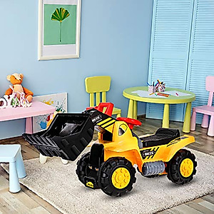 Giantex Ride On Bulldozer Truck for Kids, Excavator Digger Construction Vehicles, Pretend Play Sliding Tractor, w/ Multiple Sounds, Push Bucket, Low Seat, Anti-Skid Tires, Front Loader Ride-On Large