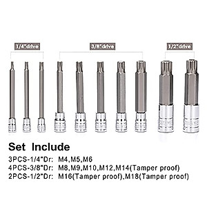 MIXPOWER 10 Piece Spline Tip Bit Socket Set, M-Type, S2 and Cr-V Steel, Extra Long 4'' Length, M4-M18, XZN Triple Square Spline Bit Socket Set