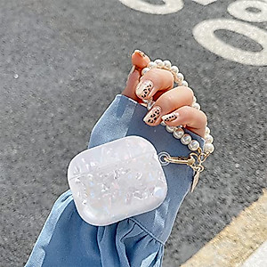 Glitter Shell Design for AirPods 3 (2021)with Pearl Wrist Chain Keychain,Colorful Sparkle Bling Pretty Cute Protective Skin Cover for Airpods 3rd Generation for Women Girls Soft TPU Shock Proof-White
