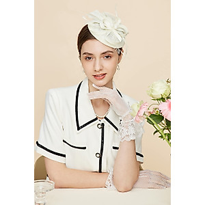 Gionforsy Pillbox Fascinator Veil Feather Derby Hat Lace Gloves Pearl Necklace