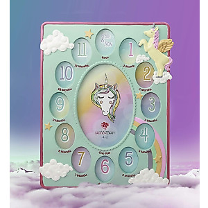 Mozlly Mint Green Unicorn Baby First Year Collage Photo Frame Standard 4 X 6 Inch Photo at The Center Nursery Room Decor Mythical Fantasy Creature Picture Frame for Baby Girls from Birth to 1 Year