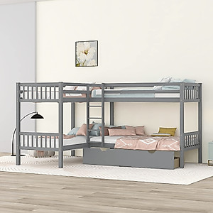 L-Shaped Bunk Bed with Drawers, Bunk Bed for 4 Twin Over Twin for Boys Girls Kids Teen Wood Quad Bunk Beds Frame, Gray