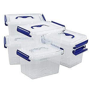 Waikhomes 3L Plastic Storage Containers Set of 6, Latching Storage Bin with Handle (Blue handle), f