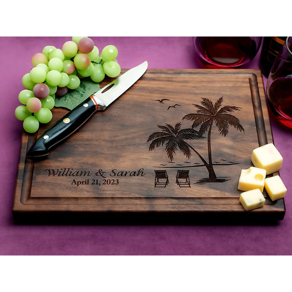 Straga Personalized Cutting Boards | Handmade Wood Engraved Charcuterie | Custom Wedding, Anniversary, Birthday Gift for Couples, Beach Lovers (Tropical Beach Design No.409)