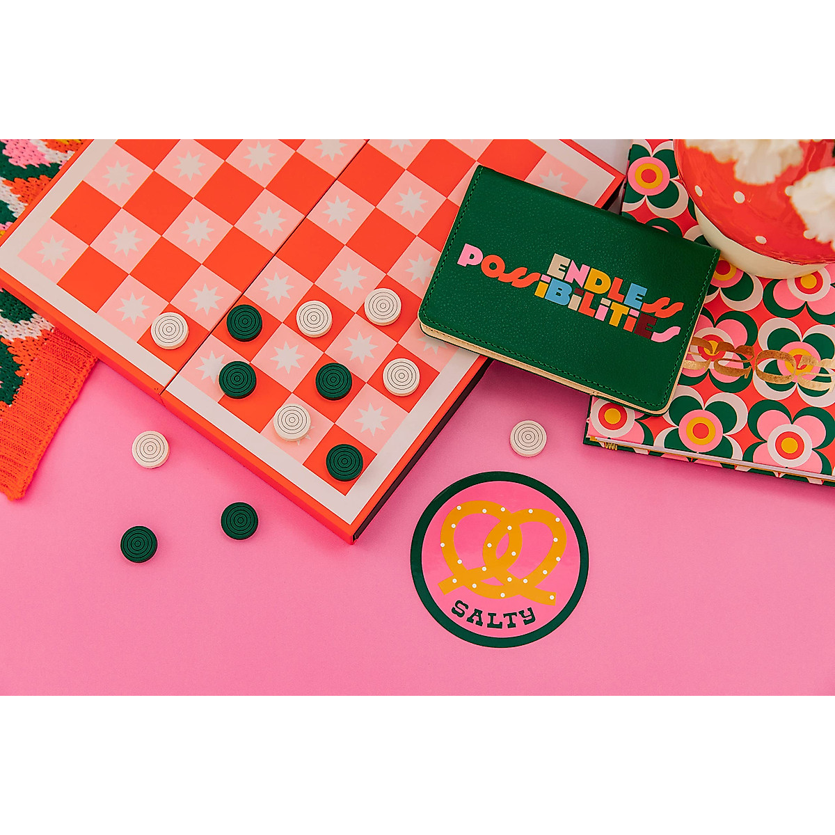 ban.do Game Night! 2-in-1 Checkers and Backgammon Board, Checkers Board Game and Backgammon Set for Adults Includes Duo Board, 30 Checkers, 2 Dice, Pink/Red