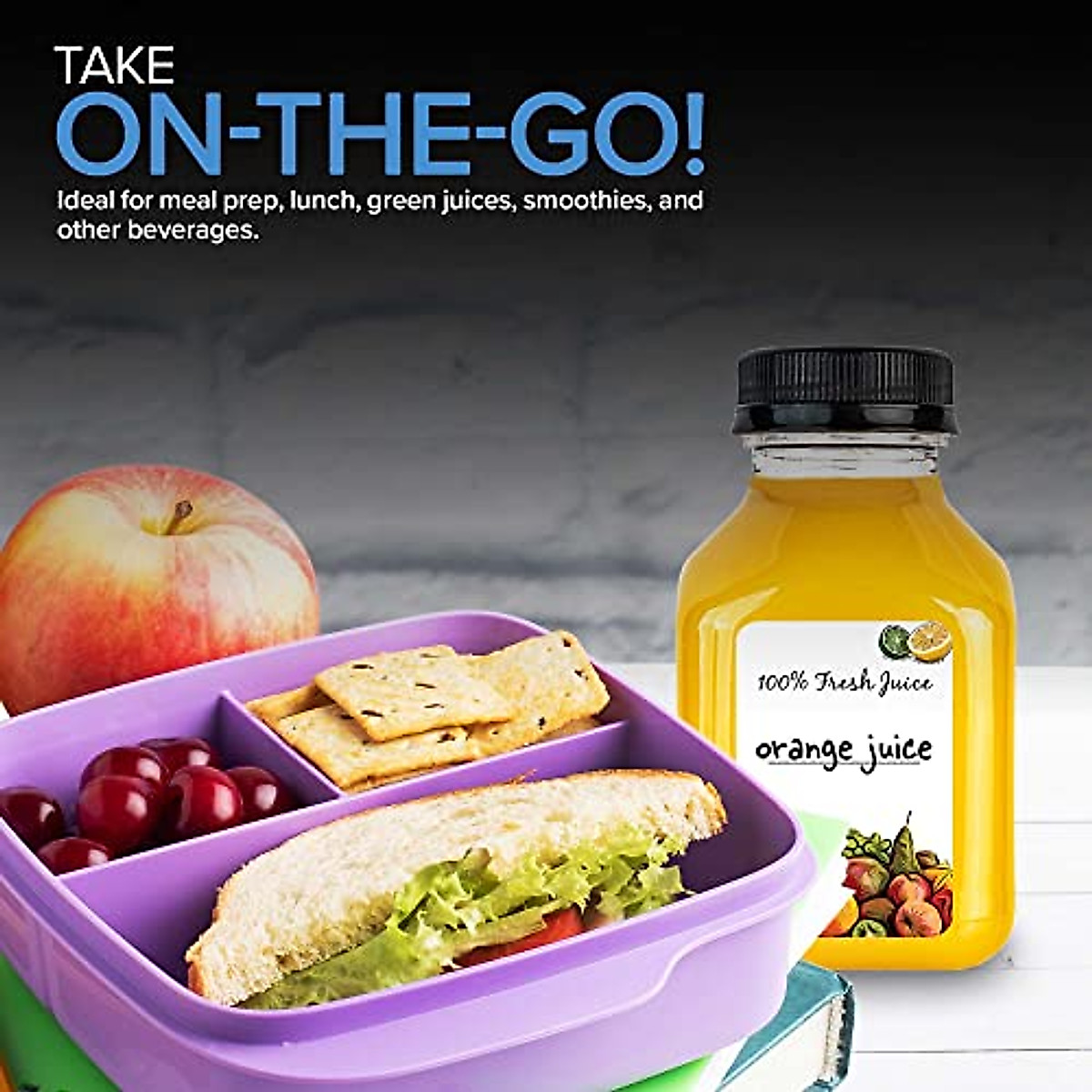 8 oz Juice Bottles with Caps for Juicing - Reusable Plastic Bottles with Lids - 8 Oz Drink Containers for Mini Fridge, Juicer Shots, Small Water Bottles - Includes Labels, Brush & Funnel - (48 Pack)